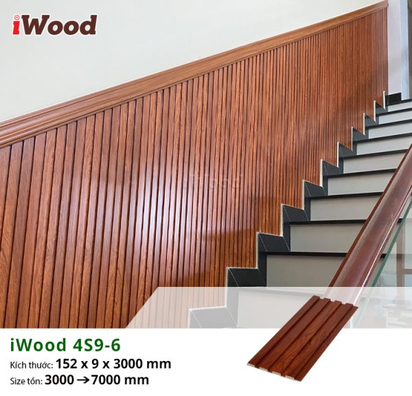 Tấm lam sóng iWood 4S9-6 ốp vách cầu thang cùng thanh lam hộp trang trí - iWood.com.vn