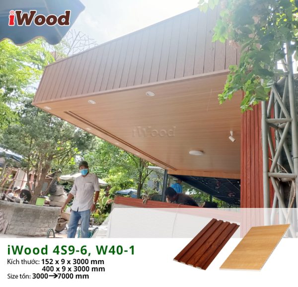 Tấm lam sóng iWood 4S9-6 và tấm phẳng Nano W40-1 ốp quán cafe tại Bến Lức - iWood.com.vn