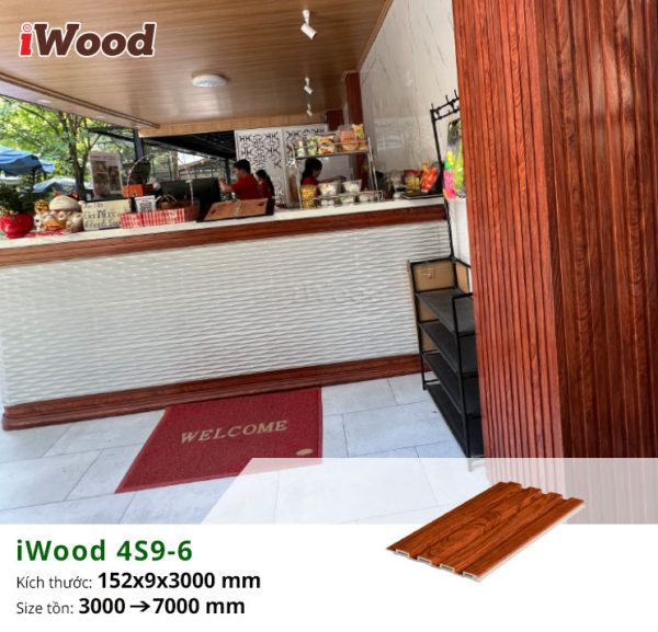 Tấm ốp lam sóng iWood 4S9-6 ốp trang trí quán cà phê Lee's Graden tại Long An - iWood.com.vn